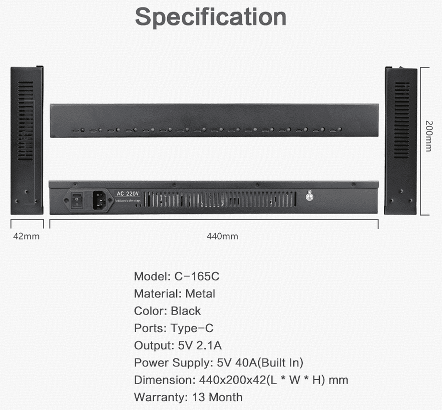 Smartphone Ladestation, USB-C Ladegerät mit 16 Ports, . 19 Zoll-Tec GmbH